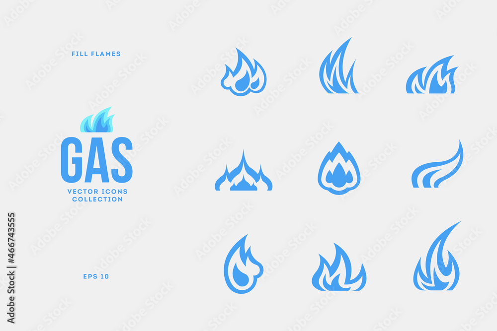 Vector set of isolated natural gas flames. Blue burning gas icons, flat ...