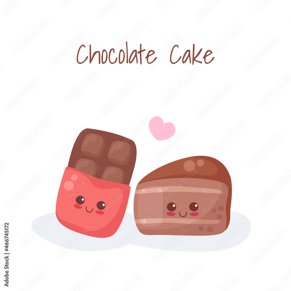 Cute Chocolate Bar and Choco Cake isolated on white background. Kawaii ...
