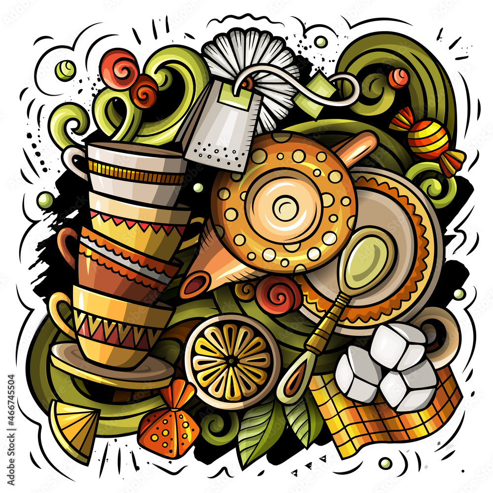 Cartoon vector doodles Tea time illustration Stock Vector | Adobe Stock Cartoon vector doodles Tea time illustration Stock Vector | Adobe Stock