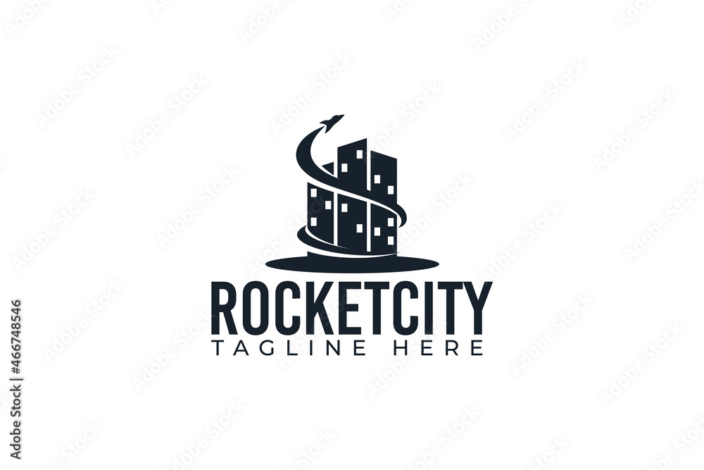 rocket city logo vector graphic with a rocket across cityscape for any ...