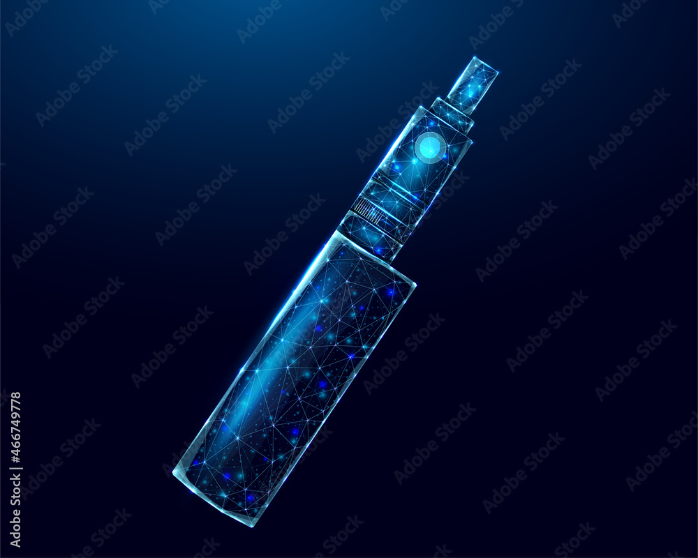 Vaping pen device kit and mod wireframe. Poster template with glowing ...