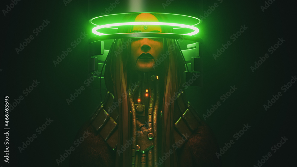 Portrait of cyborg girl with long black hair, metal grunge wires on her ...