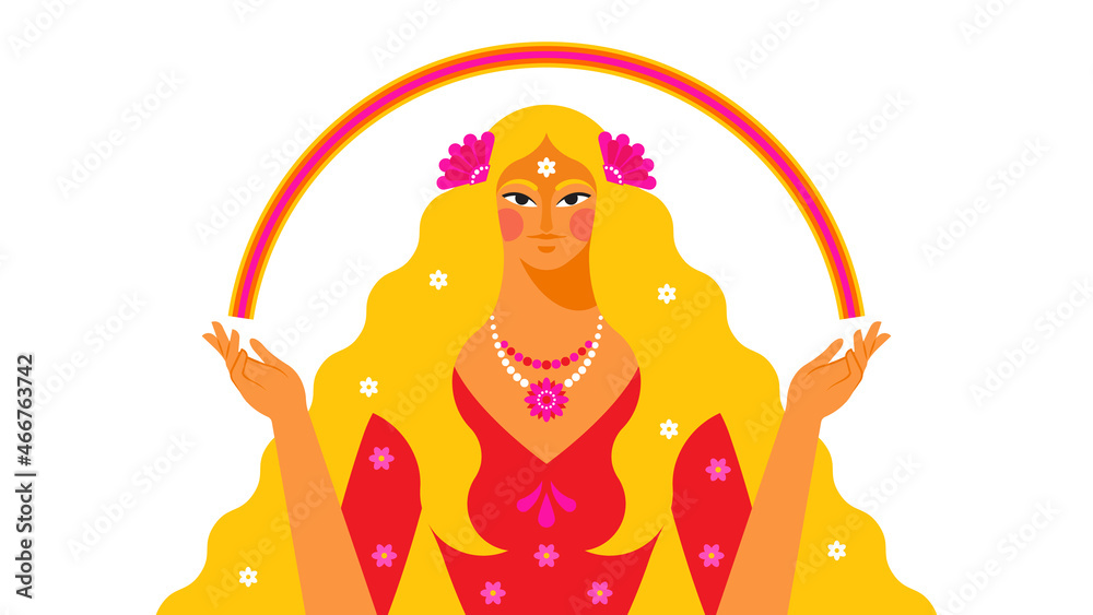 Magic goddess, beautiful fairy woman in red dress and long hair. Blonde ...