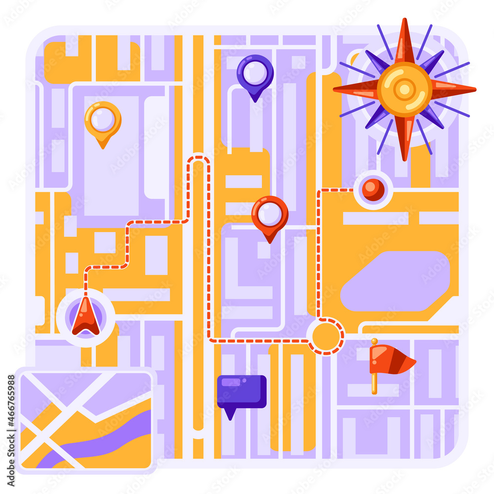 City map background design with markers and flags. Illustration of ...