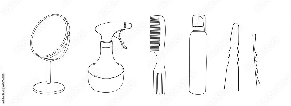 Set of hairdresser details in linear style on white. Hand drawn ...