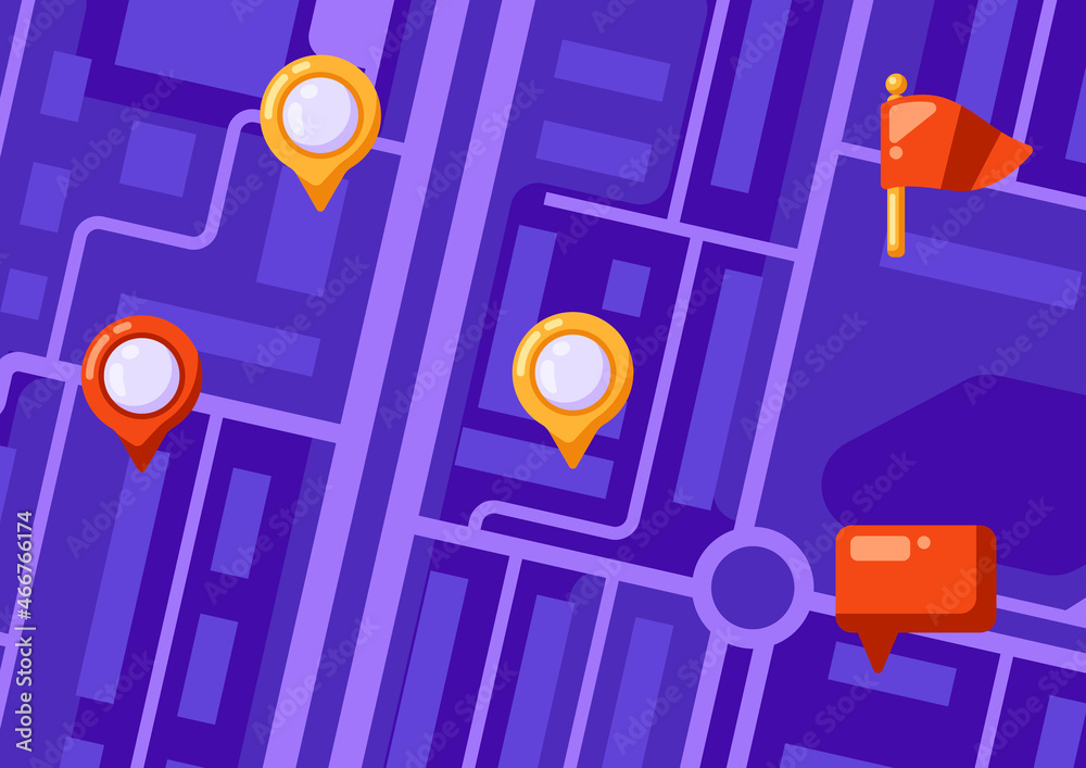 City map background design with markers and flags. Illustration of ...