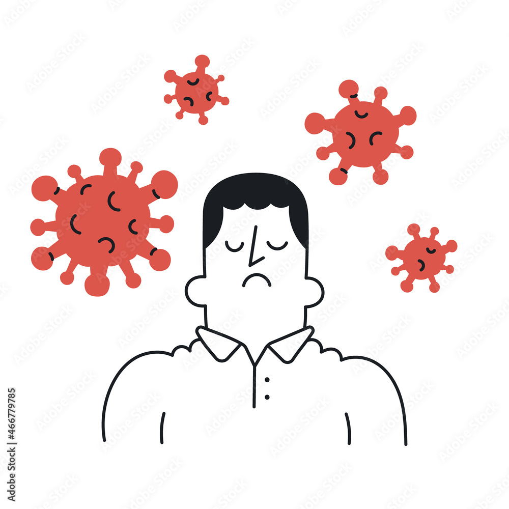 Sad man surrounded by COVID-19 virus pathogens. Outline, linear, thin ...