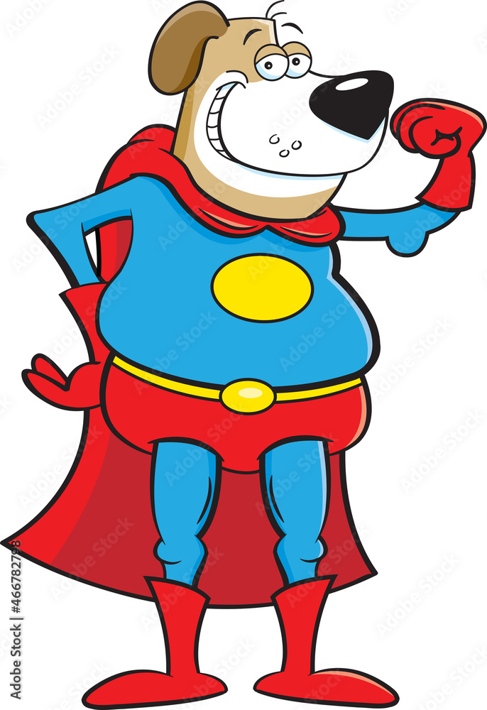 Cartoon illustration of a smiling dog wearing a super hero costume and ...