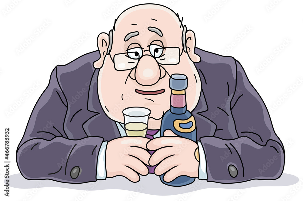 Funny stout balding man with sad expression holding a glass and a ...