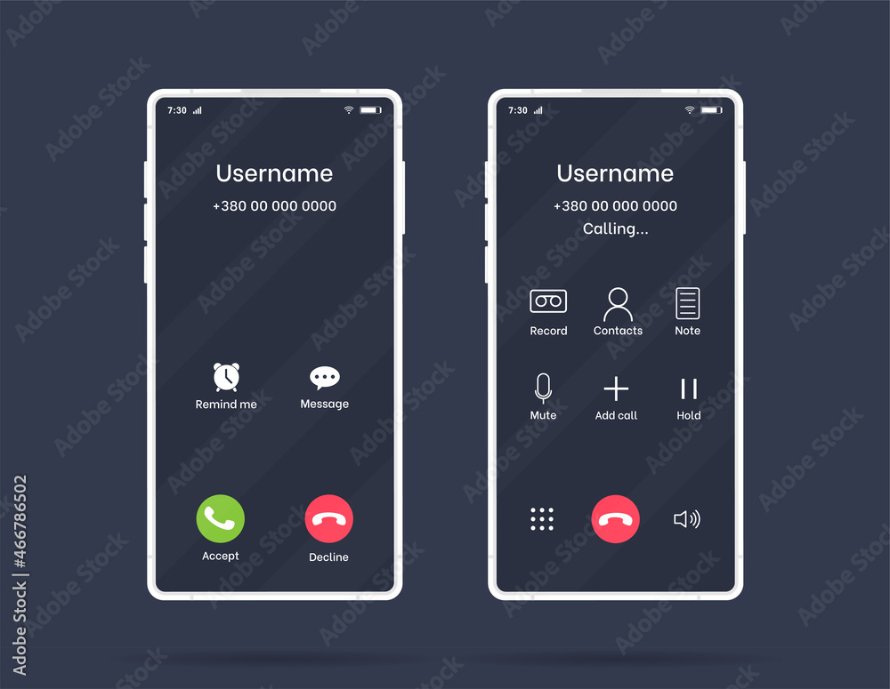 Call screen smartphone interface vector template, Mobile app page dark ...