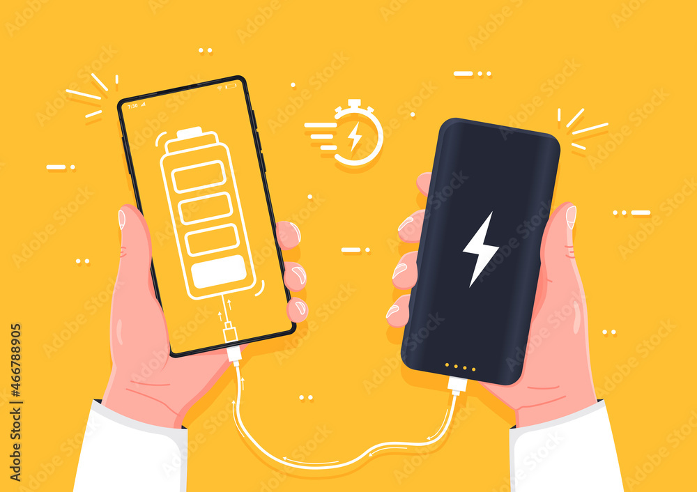 Charging the device. Human hand holding smartphone charging connect to ...
