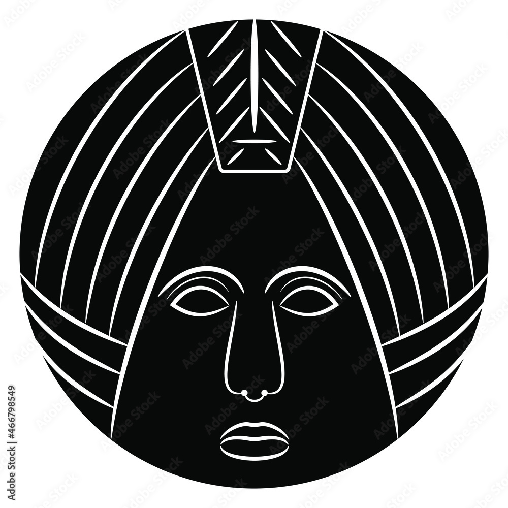 Stylized round human female face in a circle. Ancient Roman ethnic ...