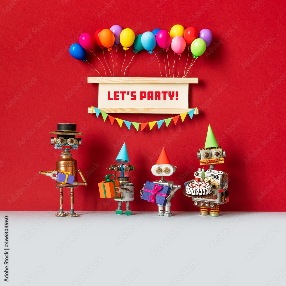 Party invitation motivation poster. Robotics toys with gift boxes and ...