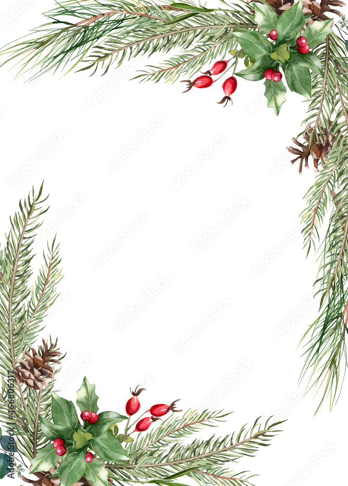 Christmas floral frame. Watercolor winter border for greeting card and ...