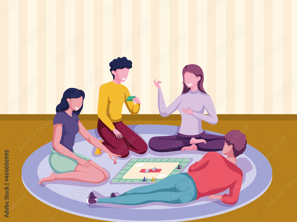 Happy people play a board game, throw dice. Tabletop puzzle. Creative ...