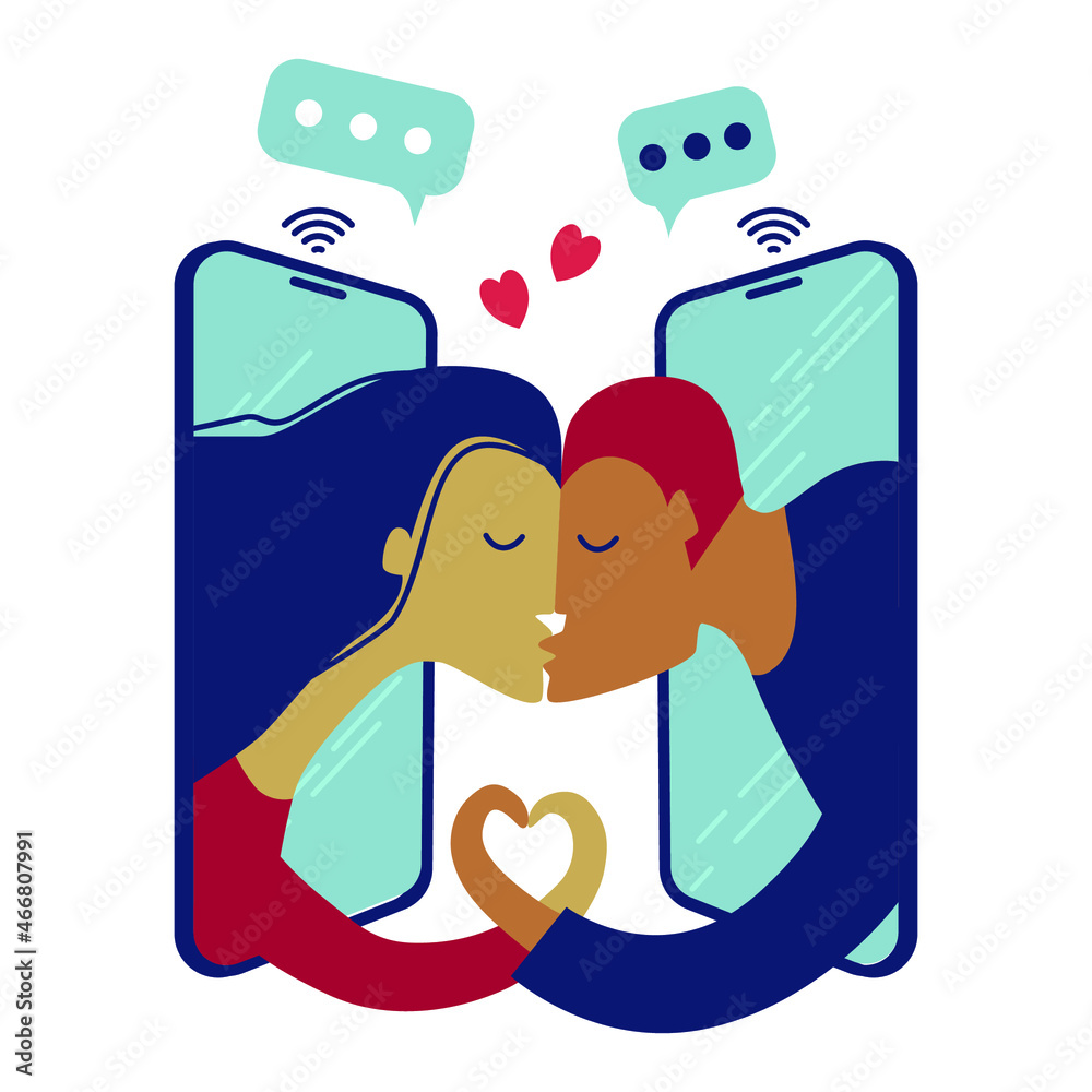 Video call, love message concept. Couple kiss from phone screen ...