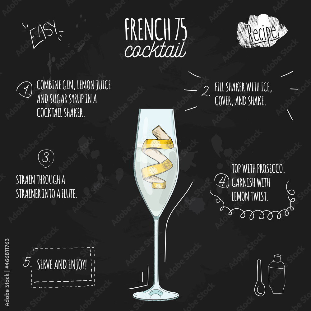 French 75 Cocktail Illustration recipe on blackboard Stock Vector ...