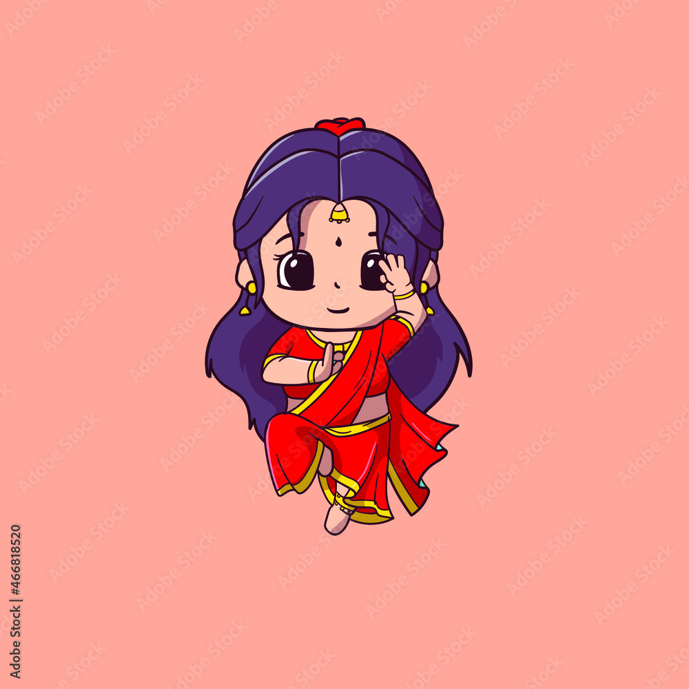 Cute female Indian people using red costume flat cartoon style Premium ...