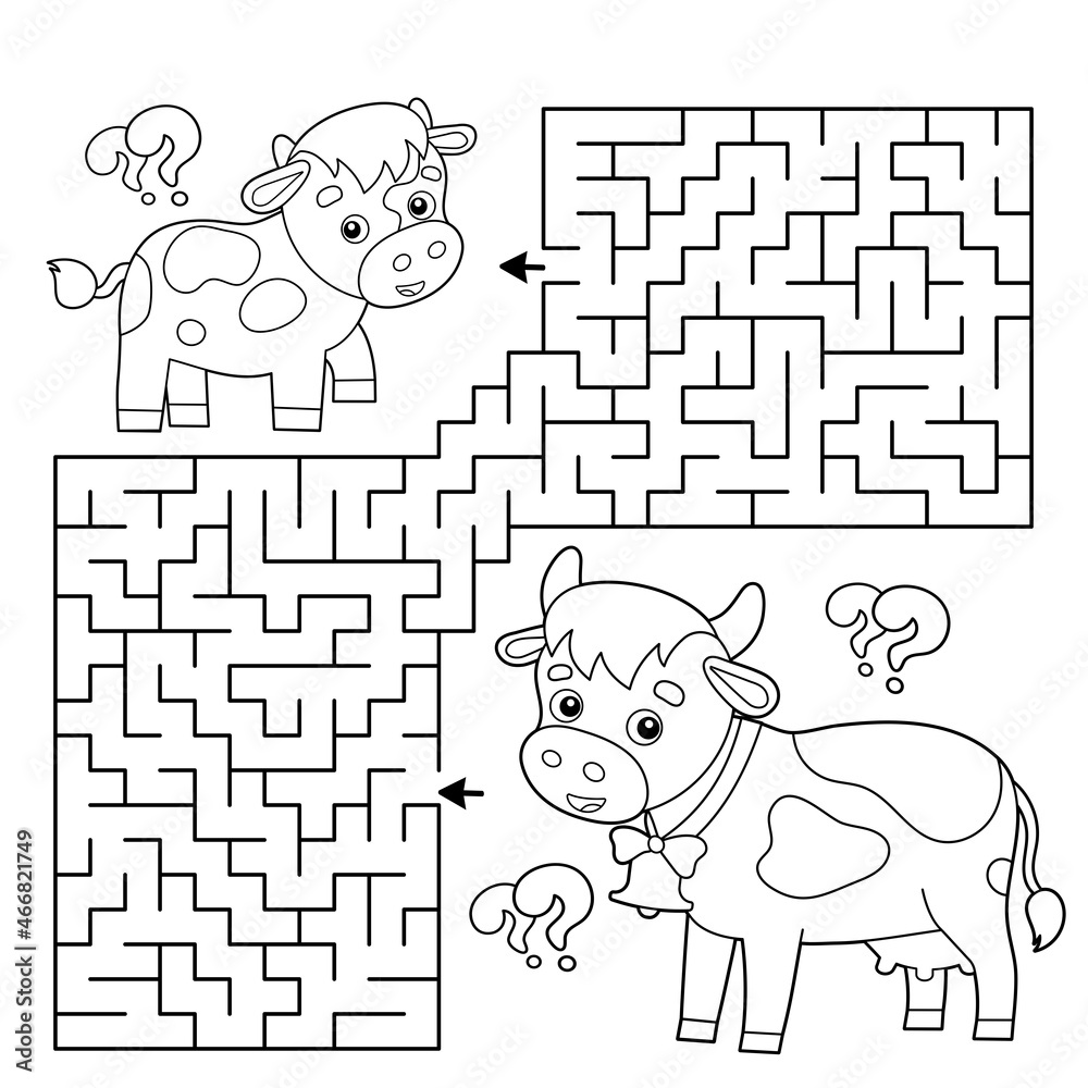 Maze or Labyrinth Game. Puzzle. Coloring Page Outline Of cartoon cow ...