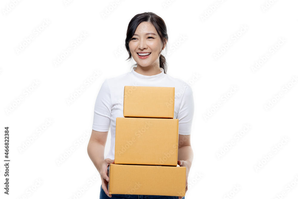 Happy Asian woman holding package parcel boxs isolated on white screen ...