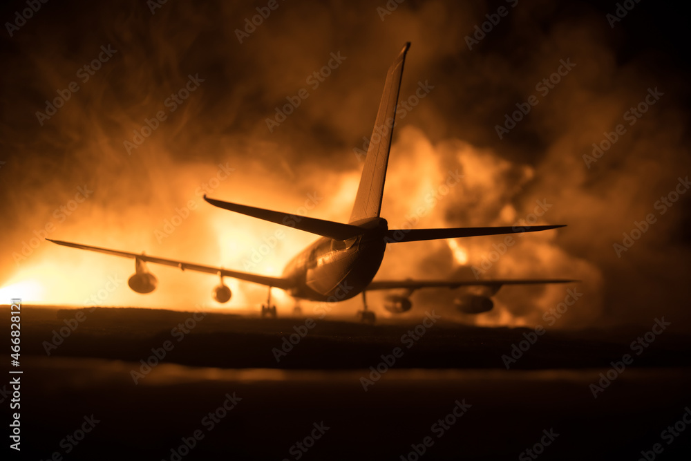 Air Crash. Burning falling plane. The plane crashed to the ground ...