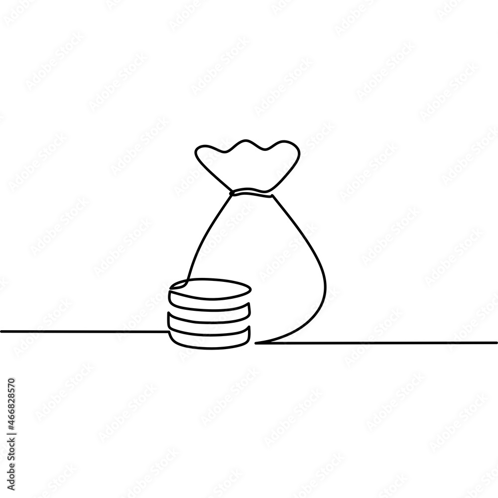 Continuous line drawing of money bag with dollar coin, money saving ...