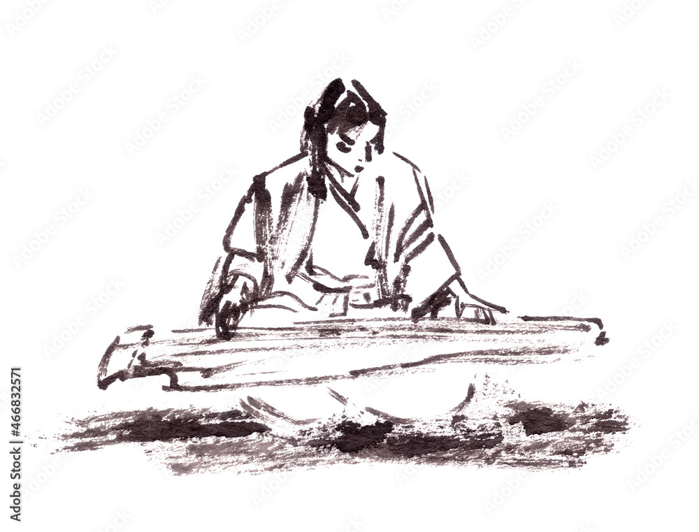 chinese girl musician in chinese costume playing guqin, ink drawing in ...