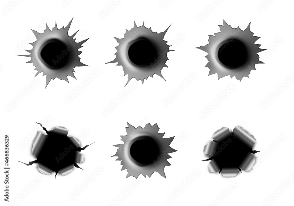 Realistic bullet holes, gun shots, metal round cracks with torn edges ...