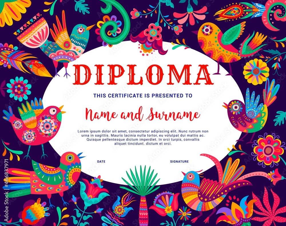 Kids diploma with cartoon Mexican hummingbird alebrije, vector school ...