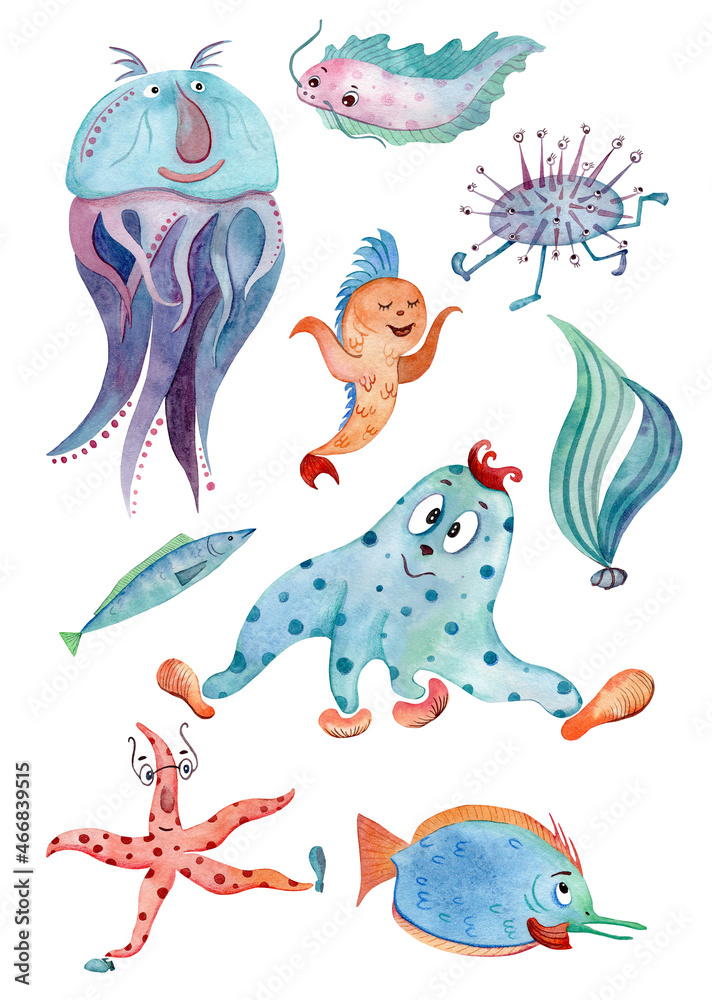 Hand drawn watercolor illustration of underwater world. Cartoon sea ...