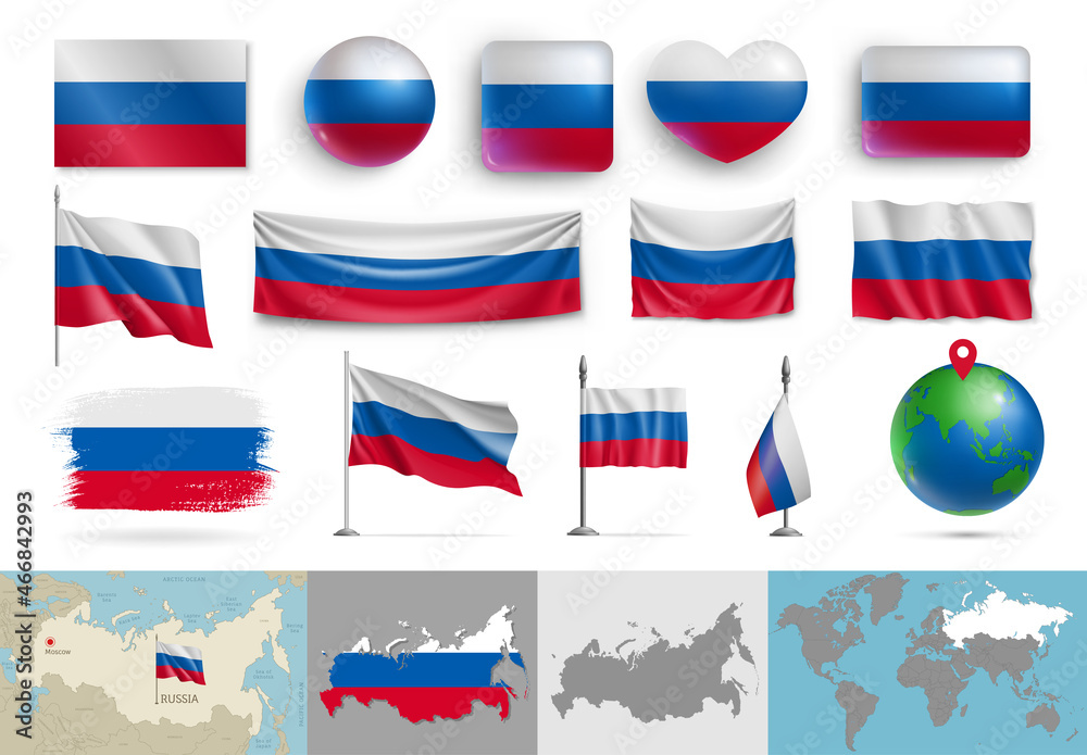 Russia flags of various shapes and geographic map set. Realistic waving ...