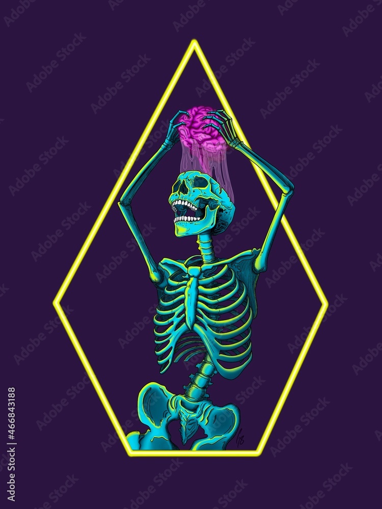 Spooky Neon Skeleton Removing Brain Stock Illustration | Adobe Stock