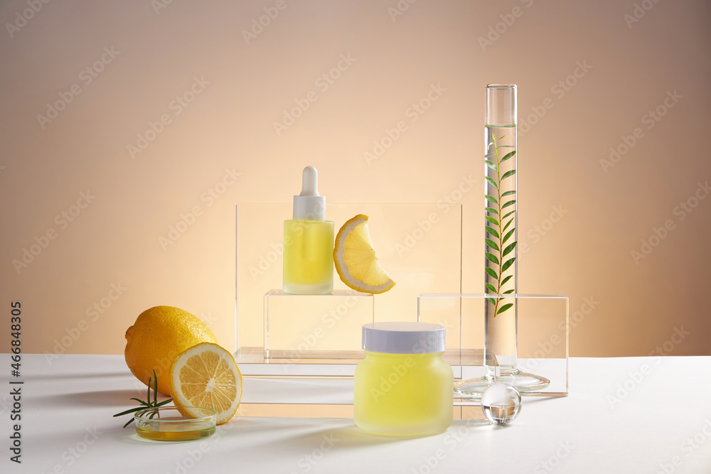 Lemon extract with transparent podium with test tube in color ...
