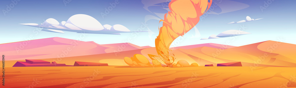 Tornado, wind storm with air funnel in desert. Vector cartoon ...