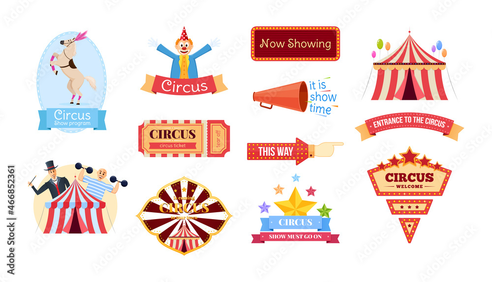 Circus set. Advertising poster emblem with clown, trained animal horse ...