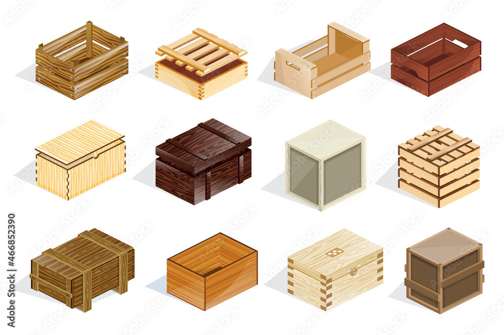 Isometric wooden box set. Open and closed wood package container for ...