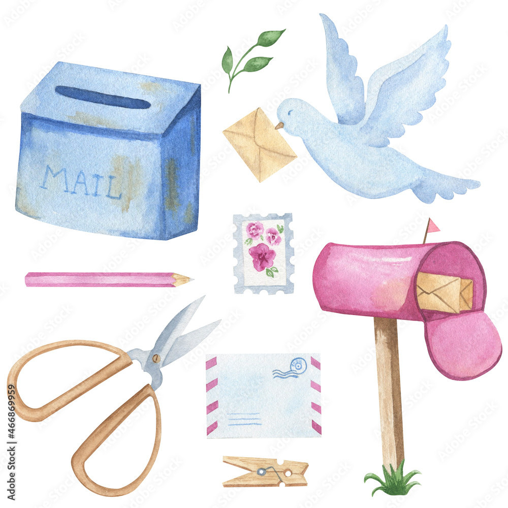 Watercolor hand-drawn mail symbols: mailboxes, stamp, scissors, pencil ...