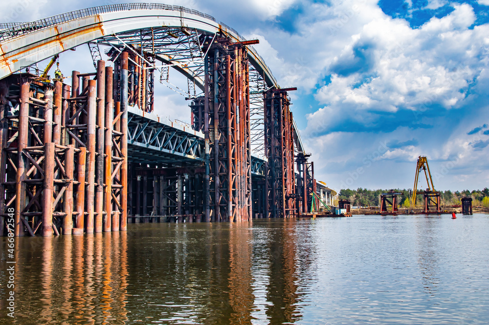 Reinforced concrete structure of the bridge under construction. Bridge ...
