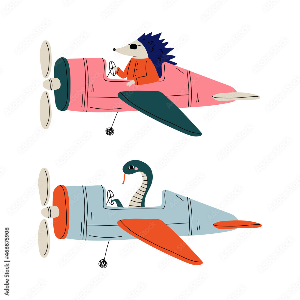 Vetor de Cute Animal Pilot Flying Retro Plane with Propeller in the Sky ...
