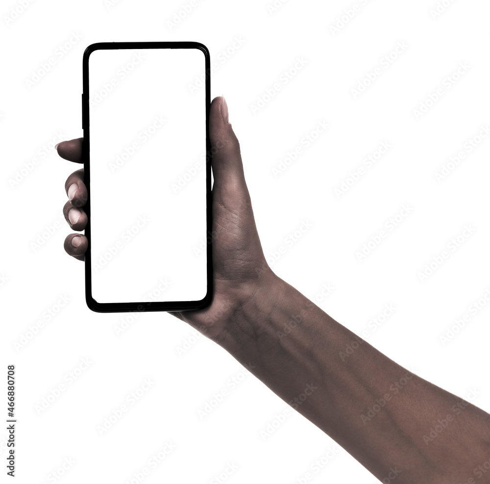 Afro woman hand holding the black new smartphone with blank screen ...