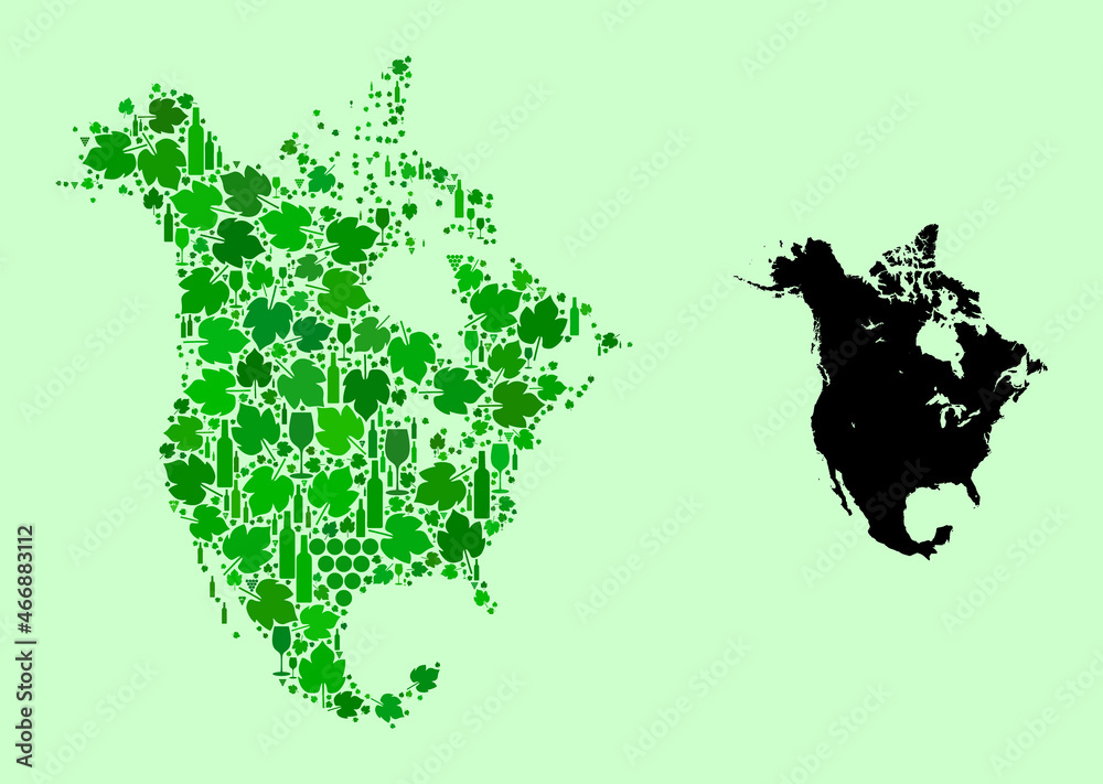 Vector Map of North America. Mosaic of green grape leaves, wine bottles ...