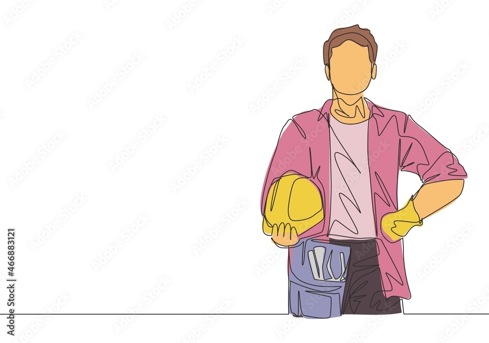 One single line drawing of young craftsman wearing building ...