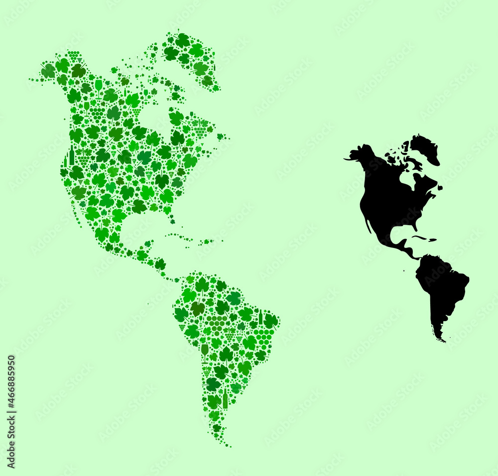 Vector Map of South and North America. Collage of green grape leaves ...