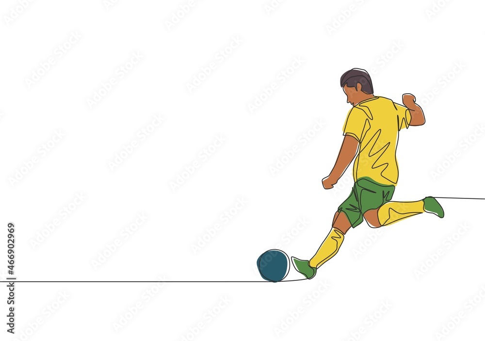 One single line drawing of young energetic football striker take a free ...