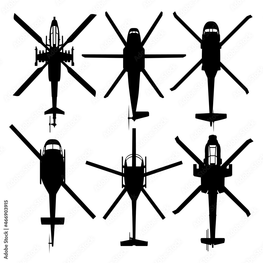 Isolated vector silhouettes of military transport helicopters and ...