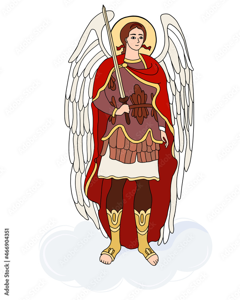protector and warrior Archangel Michael in armor with sword. Vector illustration. hand drawing ...