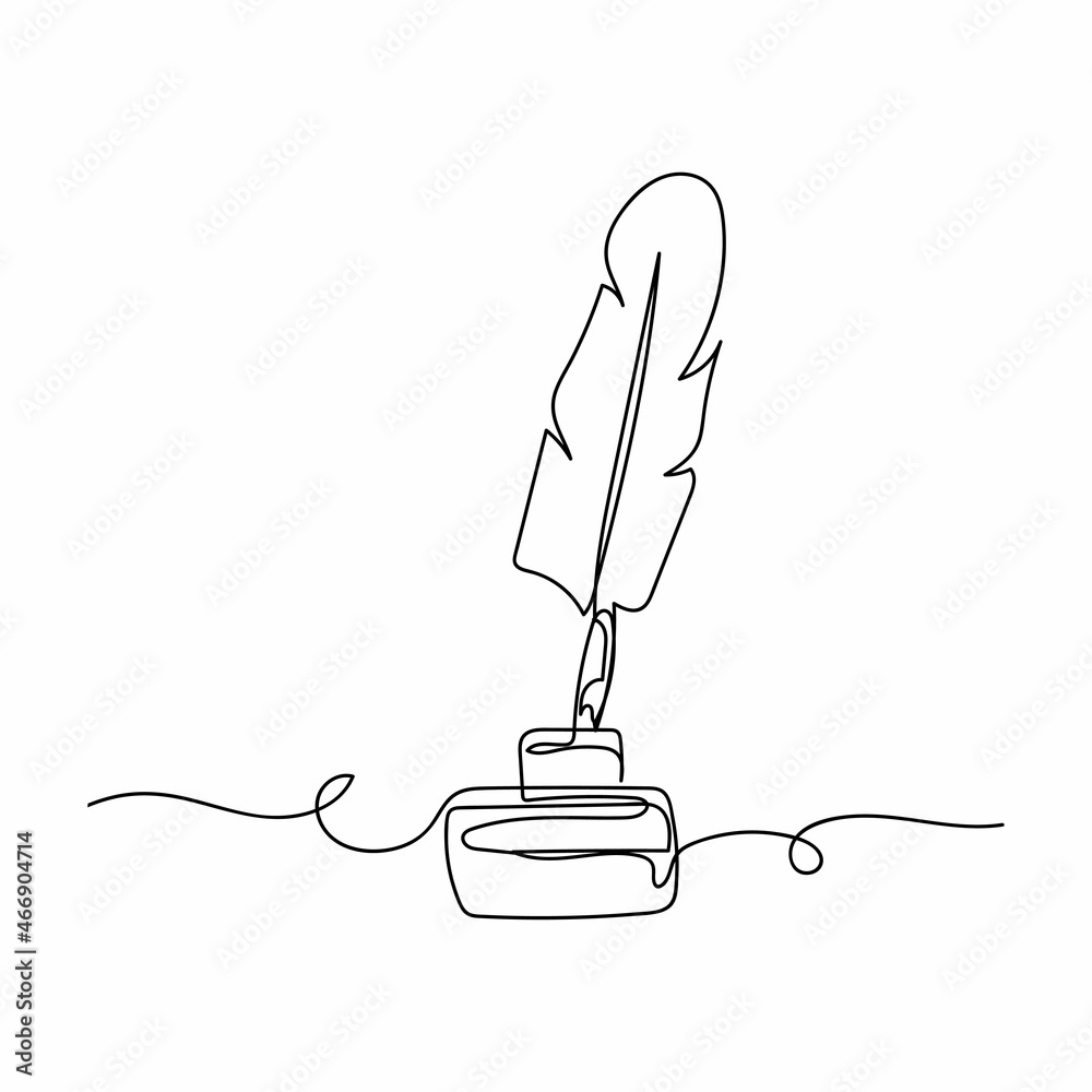 Vector continuous one single line drawing icon of quill pen with ...