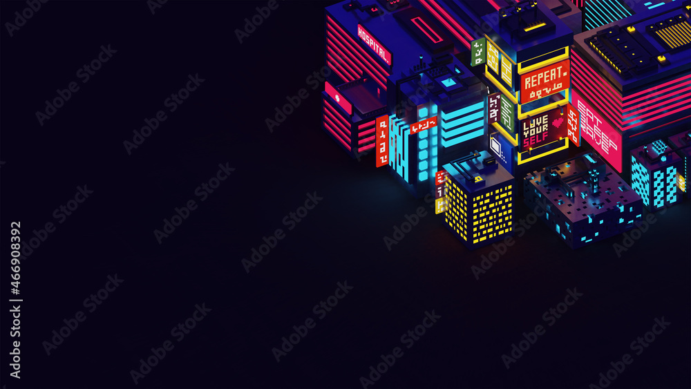 3d voxel night cityscape background. Pixel art cyberpunk style city ...