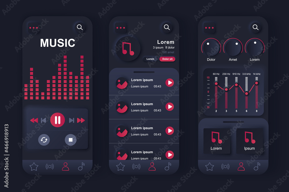 Music player concept neumorphic templates set. Player interface with ...