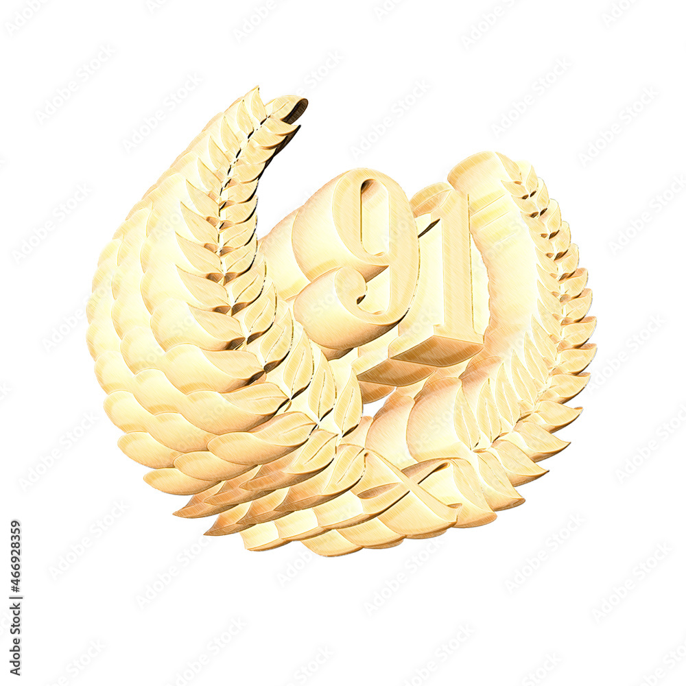 Zahl 91 mit Lorbeerkranz, Ehrenkranz, Siegerkranz als 3D-Illustration ...
